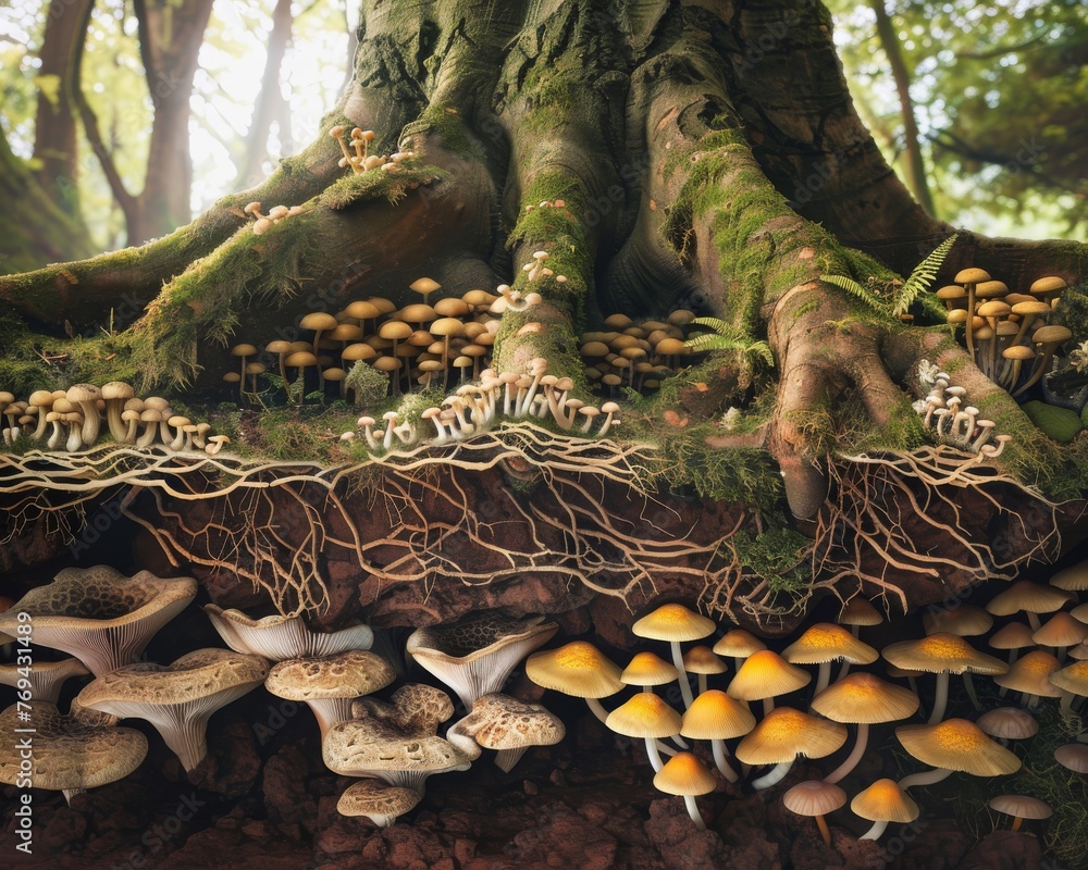 Fungi and trees root network underground cross-section view Stock ...