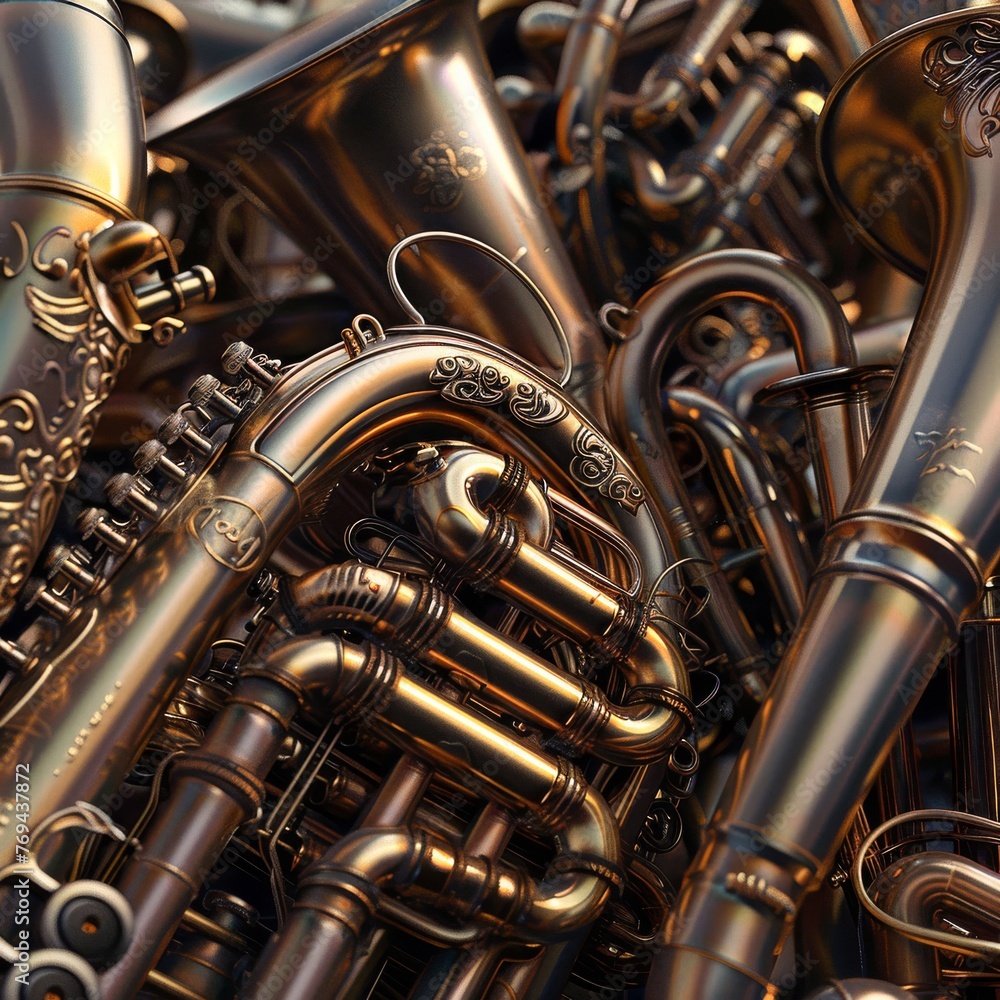 Explore the textures and patterns of brass instruments in a detailed ...