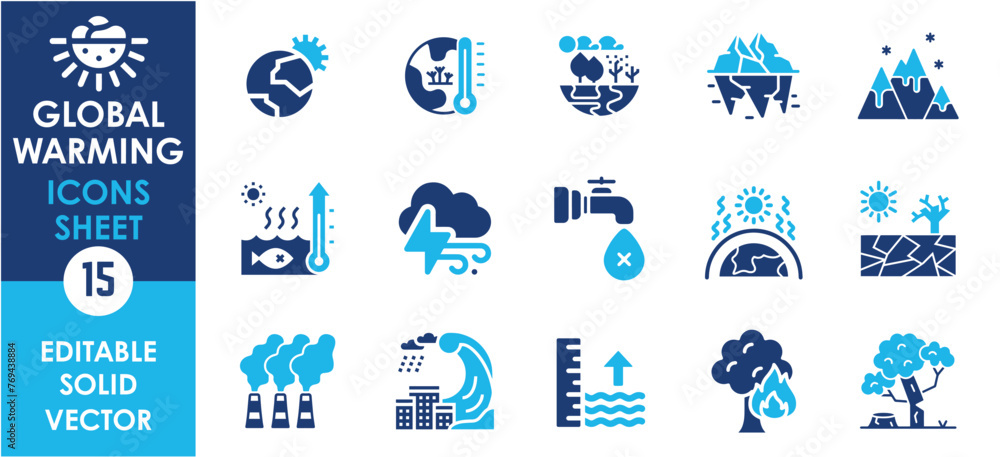 Climate change icon set. Containing global warming, greenhouse, melting ...
