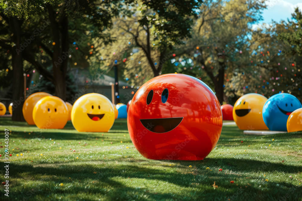 Art installation of large emoji sculptures in a park, evoking joy and ...