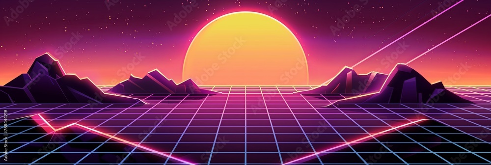 1980s Retro-Futuristic Synthwave Landscape: Cyber Terrain with Neon Sun ...