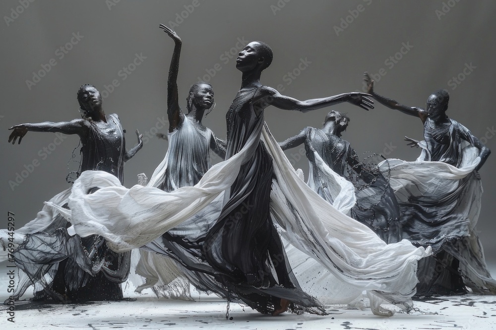 Black and white dancers group performance with draped fabric and ...