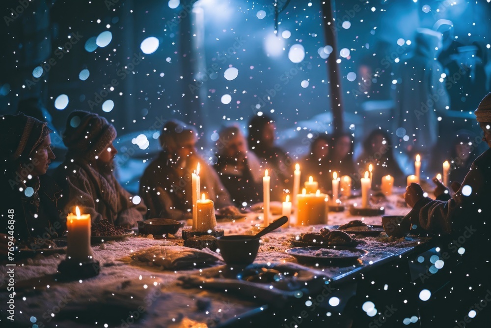A candlelit scene of the Last Supper with soft snow falling outside ...