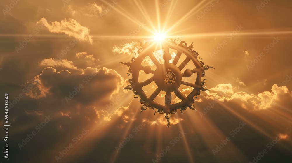 Buddhism dharma wheel floating in the air, clear silhouette on the ...