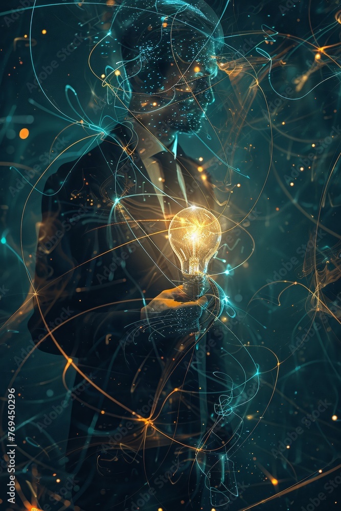 A compelling 3D artwork of a figure in a suit holding a light bulb ...