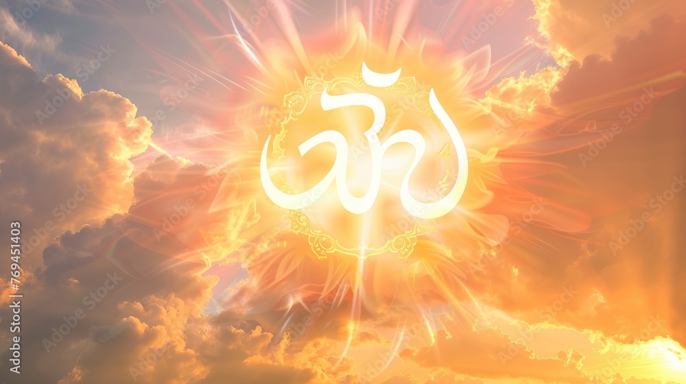 Hinduism aum floating in the air, clear silhouette on the background of ...