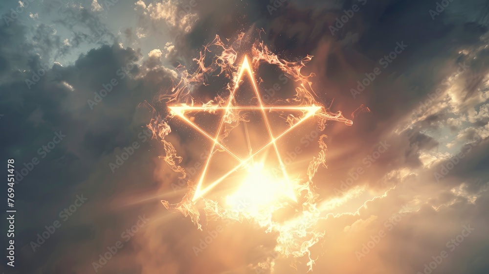 Pentagram Satanism floating in the air, clear silhouette on the ...