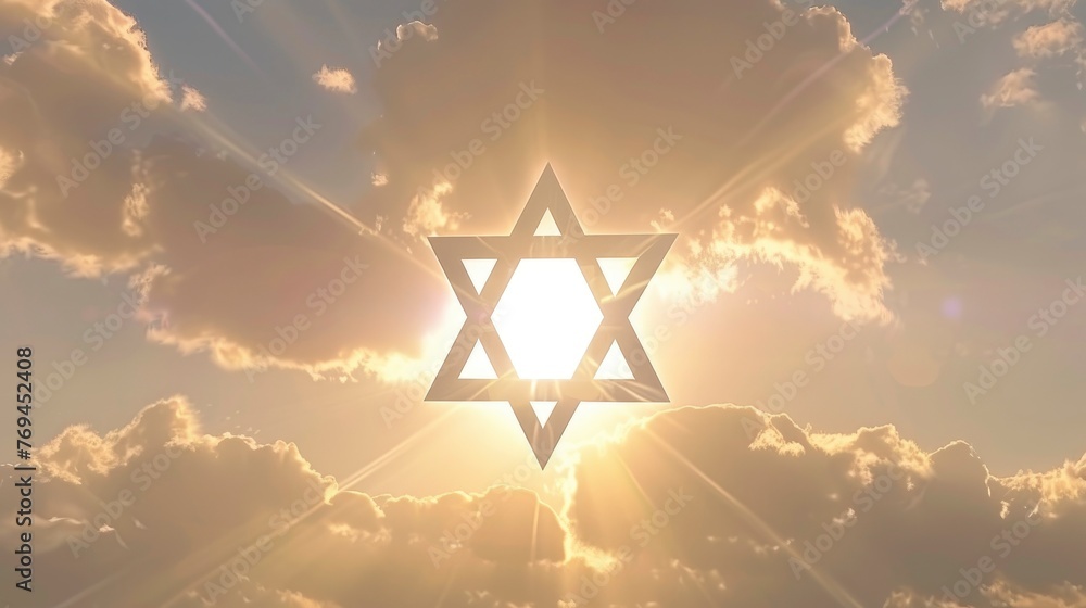 Symbol of Judaism six-pointed Star of David floating in the air, clear ...