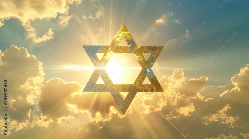 Symbol of Judaism six-pointed Star of David floating in the air, clear ...