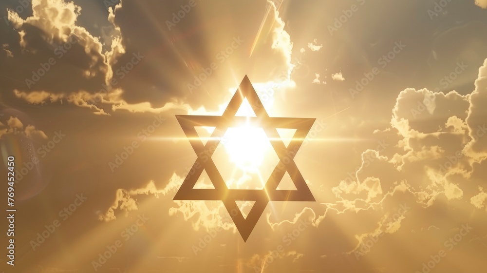 Symbol of Judaism six-pointed Star of David floating in the air, clear ...