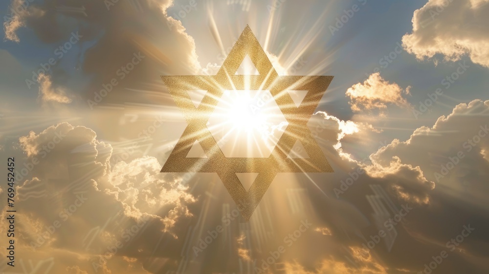 Symbol of Judaism six-pointed Star of David floating in the air, clear ...