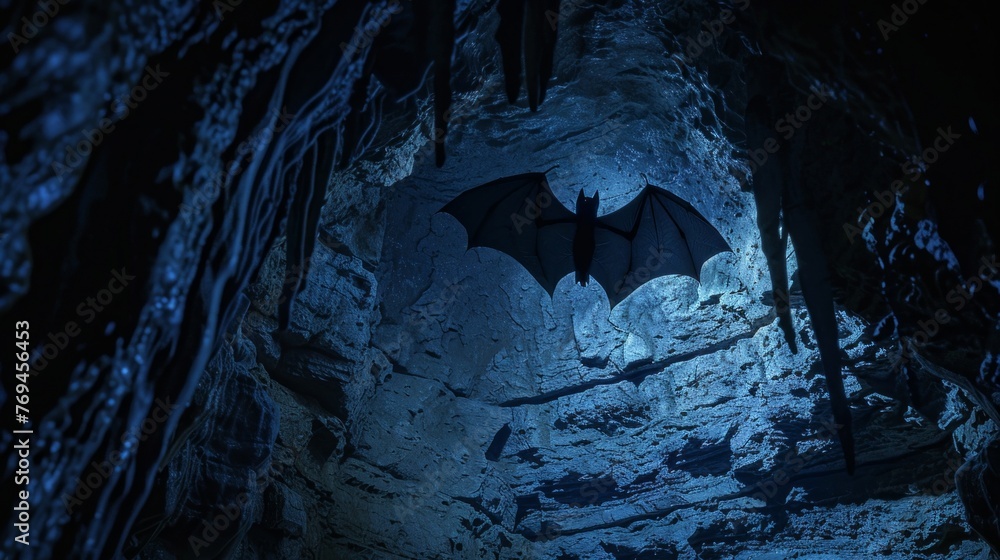 A bat hangs upside down from the ceiling of a dark cave, its wings ...