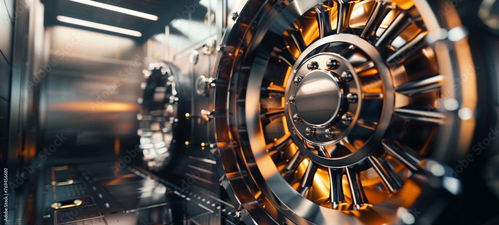 Banking security concept. A close-up view of a large, circular vault ...