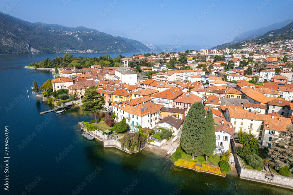 Mandello del Lario, Italy - Aerial view of beautiful Italian village on ...