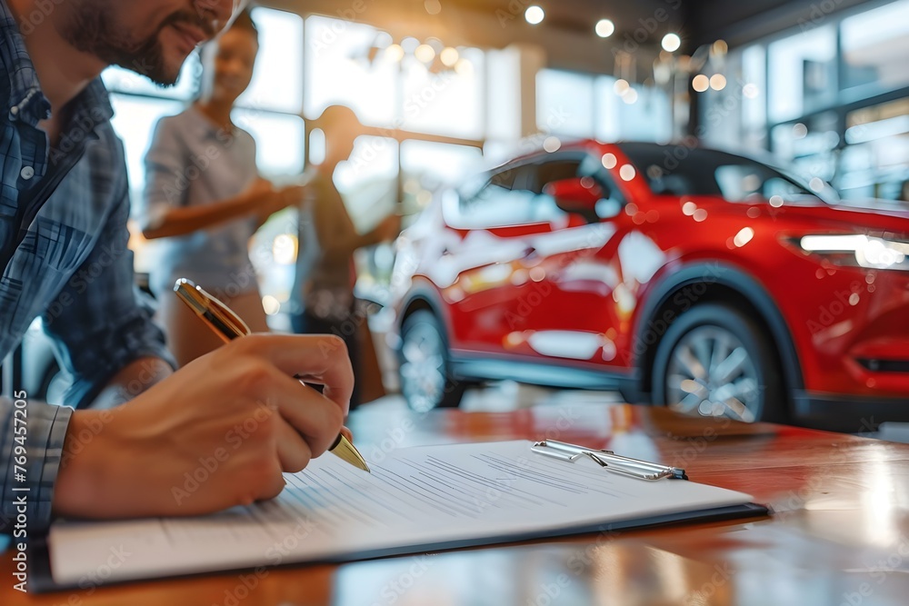 Buyer signing contract for new car with vehicle in background ...