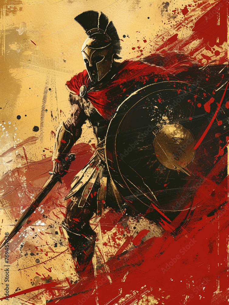 Spartan warrior fighting at the battle. In the style of gritty horror ...
