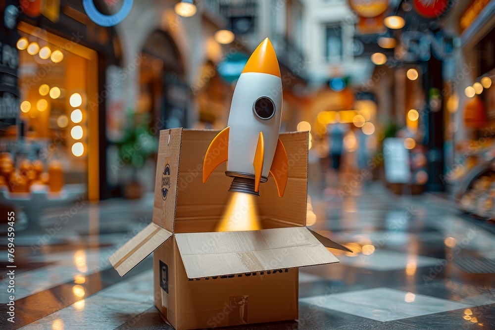 Cardboard boxes imprinted with rocket logos taking off, symbolizing the ...