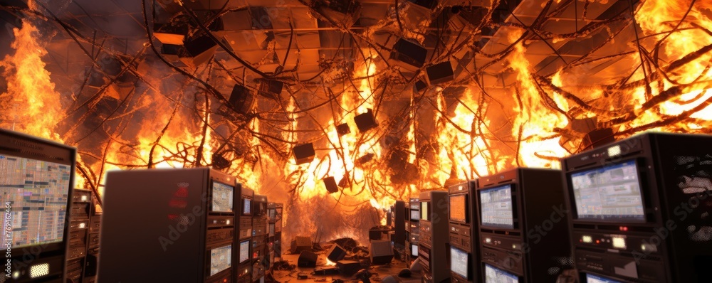 Devastating flames ravage the server room of a data center, putting ...