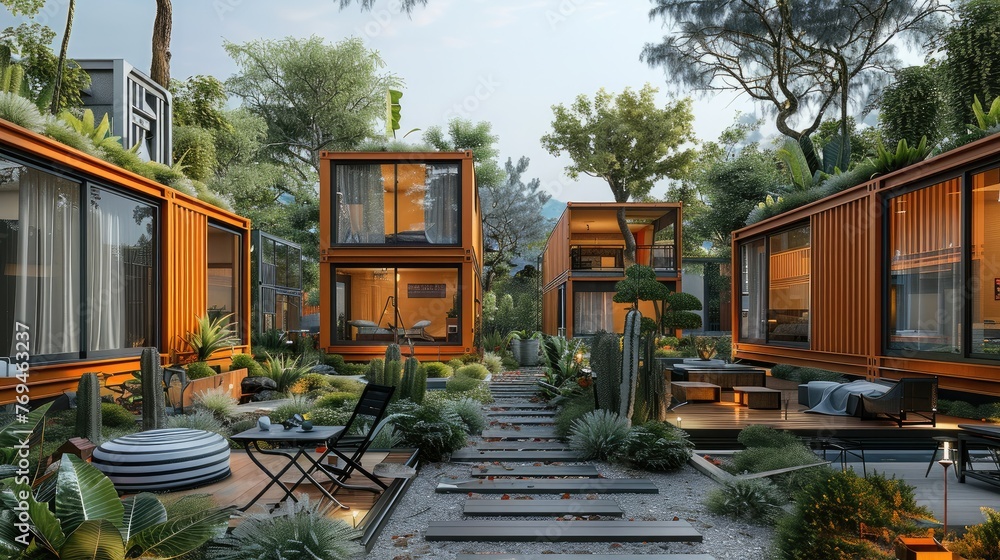 Container home village, in an eco-community with modular design and ...