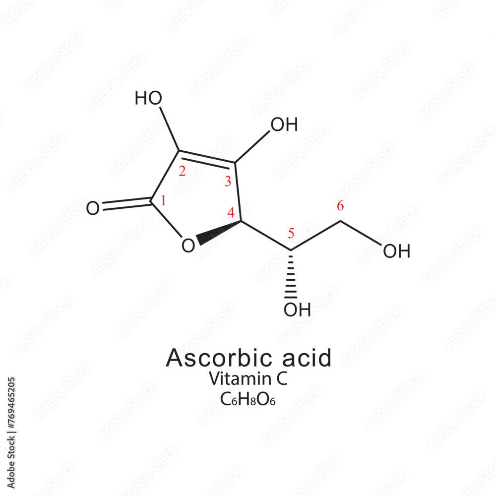 Ascorbic acid skeletal formula with carbon numbering, chemical formula ...
