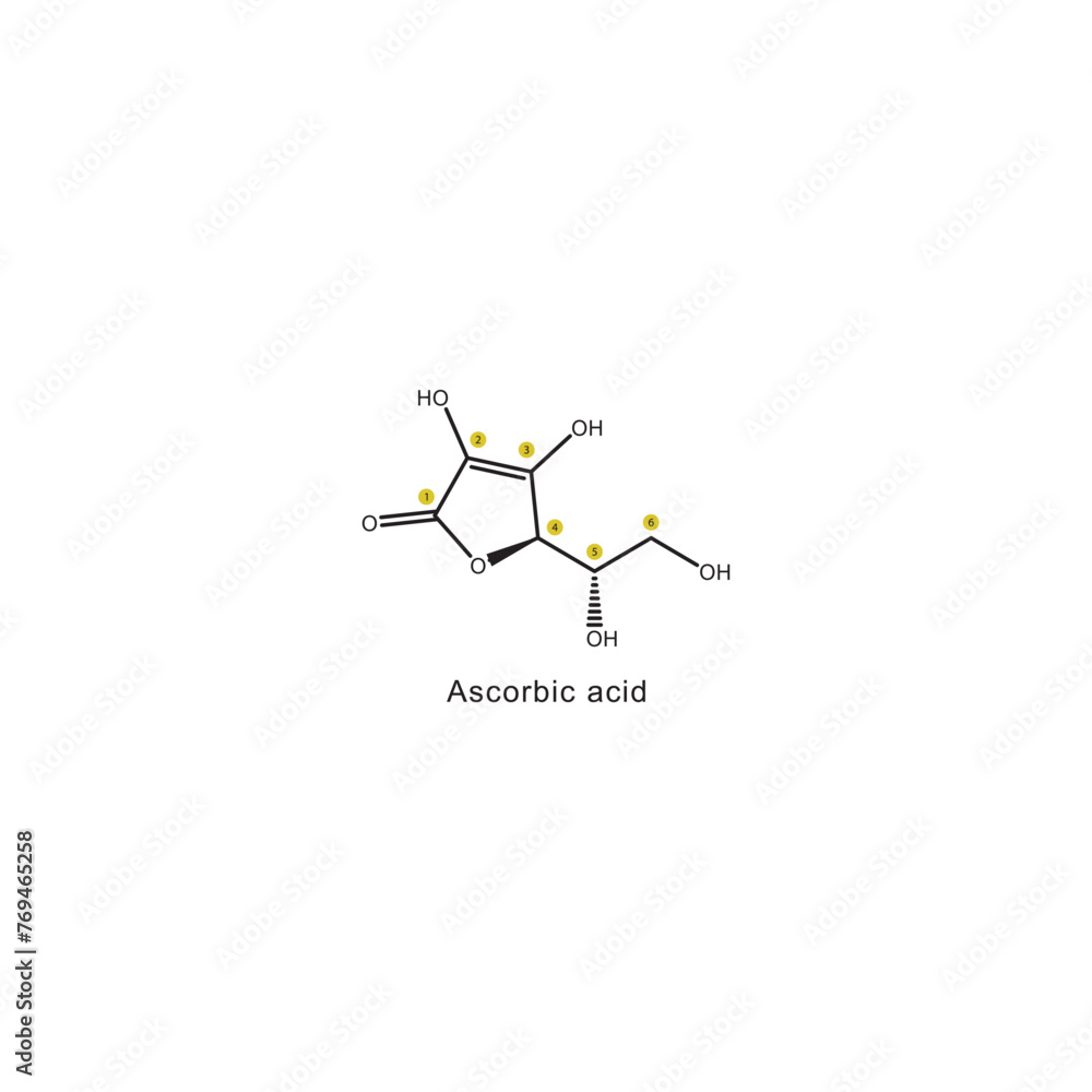 Ascorbic acid skeletal formula with carbon numbering diagram. Scientific illustration. Stock ...