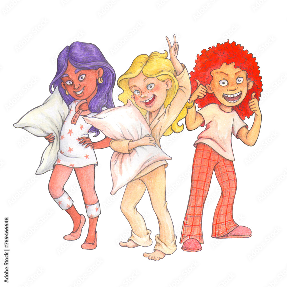 Group of laughing pre-teen girls in pajamas with pillows, preparing for ...