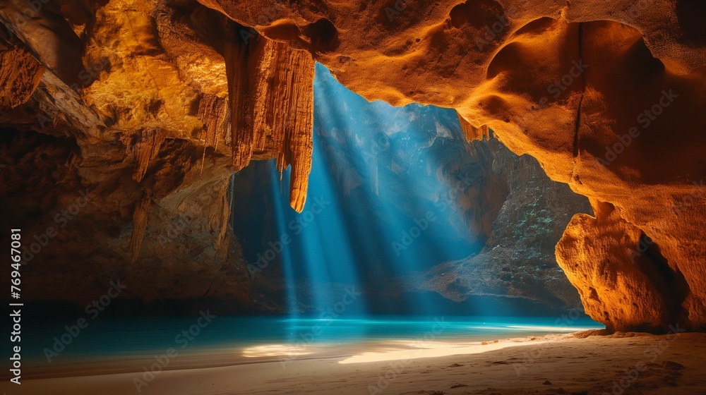 Inside the ancient cave With views of the beautiful underground ocean ...
