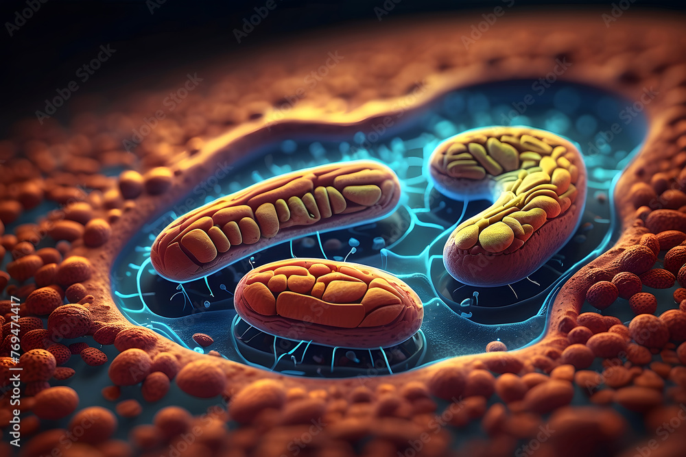 Produce a stunningly realistic illustration of mitochondria within a ...