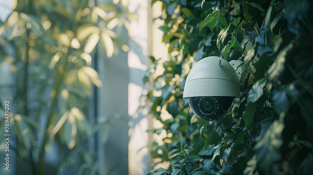 high-tech CCTV surveillance system. dome camera in a modern interior ...