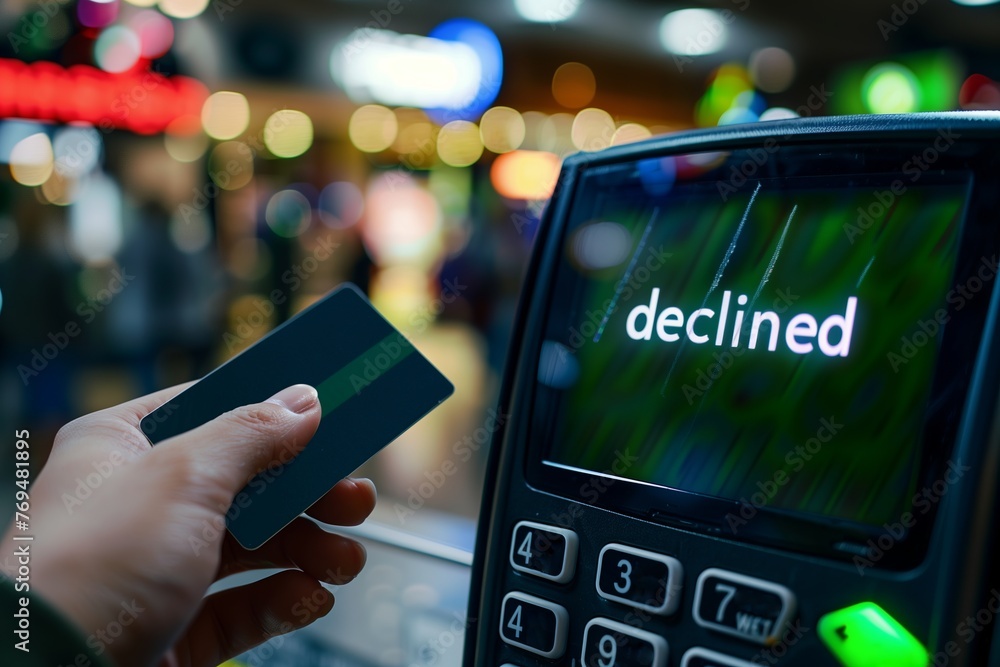 Bank card payment terminal screen displaying the word Declined ...