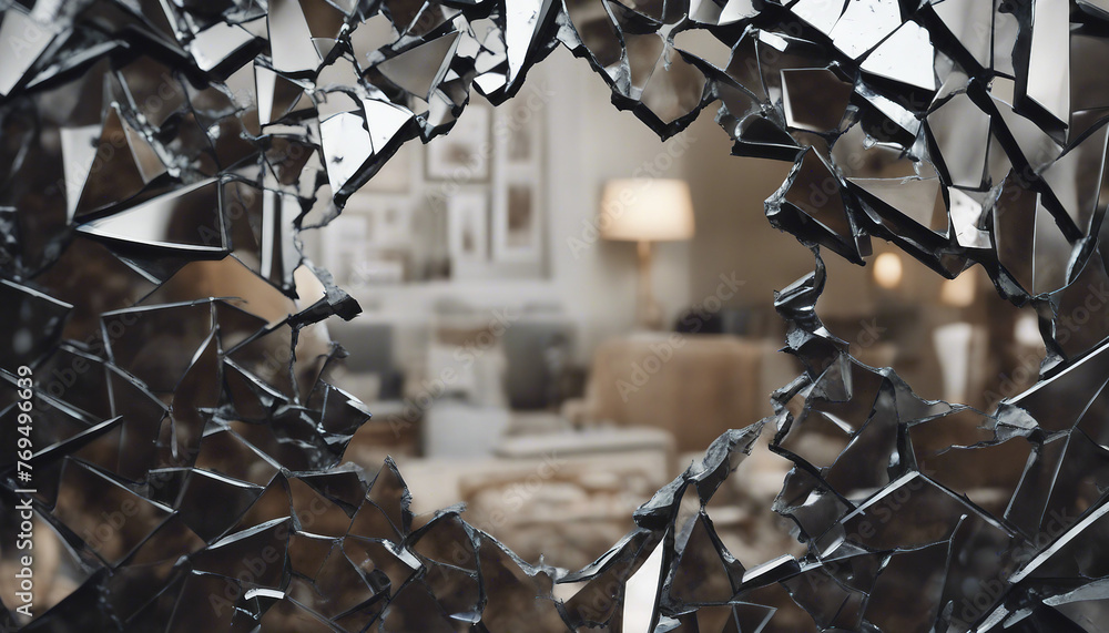 a shattered mirror. The shards reflect warped and distorted versions of ...