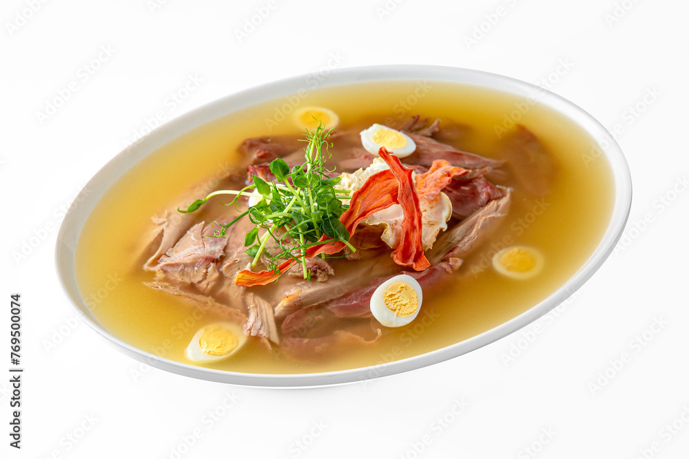 Chicken cholodets. Zalivnoe, a traditional Russian dishon in a white ...