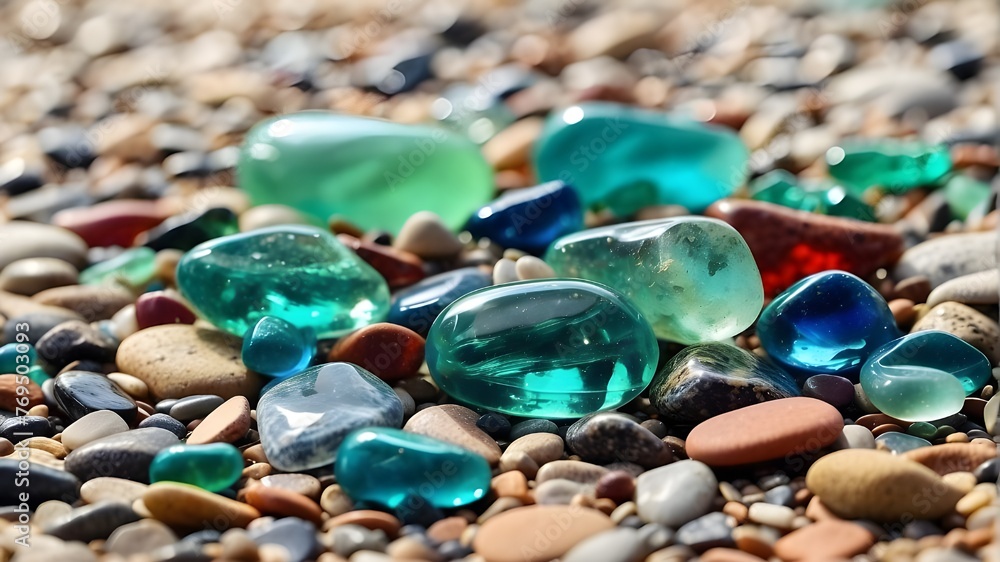 Colorful gemstones on a beach. Close-up of green and blue glossy glass ...