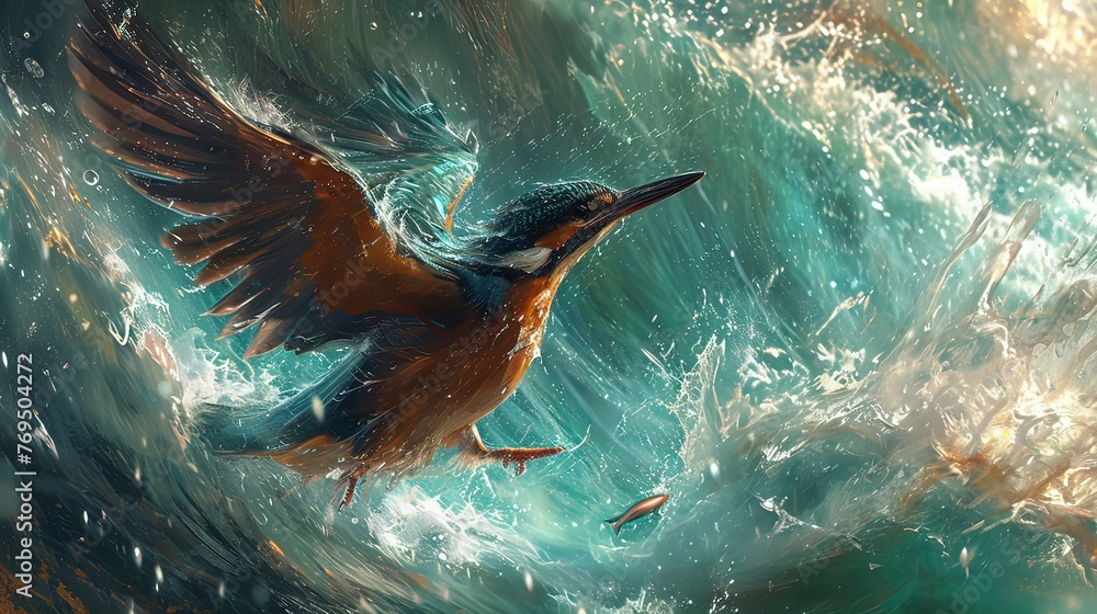 Bird snatching a fish from the glistening ocean waves, Generative ai ...