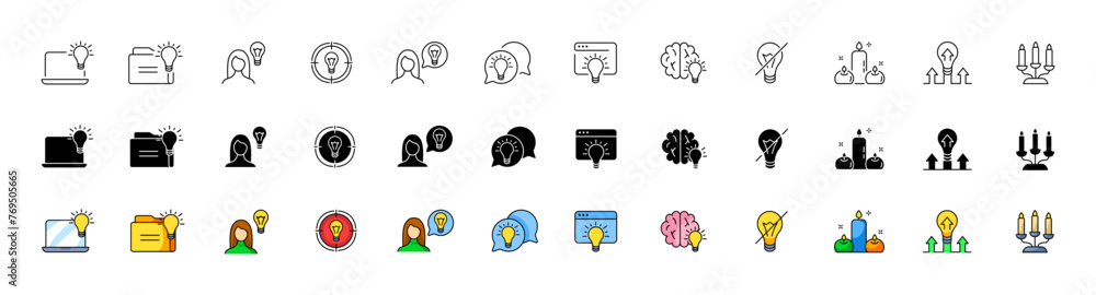 New idea icon collection. Idea icons. Linear, silhouette and flat style ...