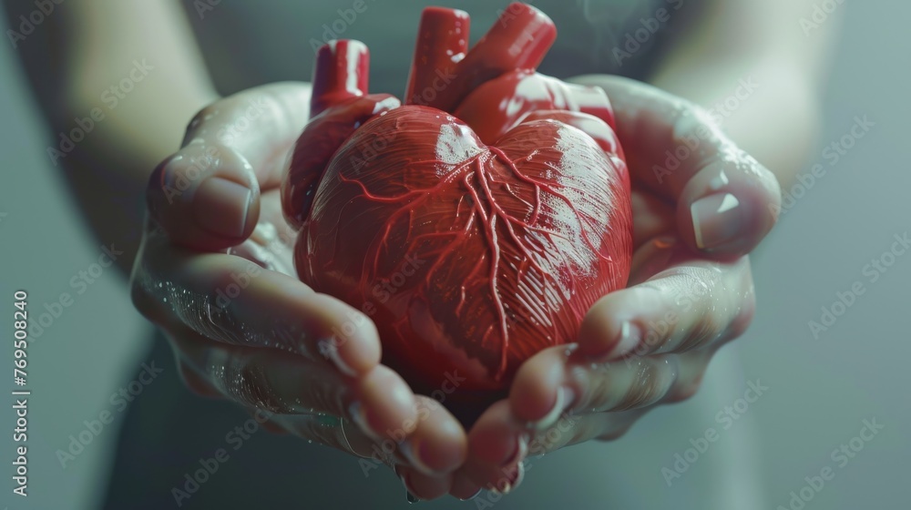 Human hands gently hold a detailed model of a human heart, symbolizing ...