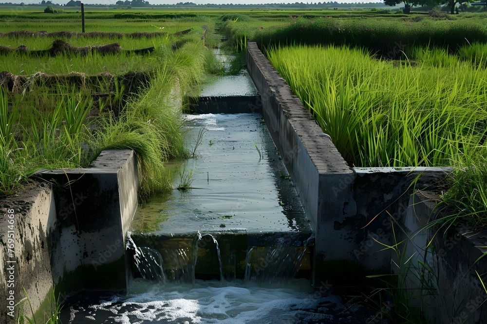Water pumped from ground wells into irrigation canal for rice fields ...