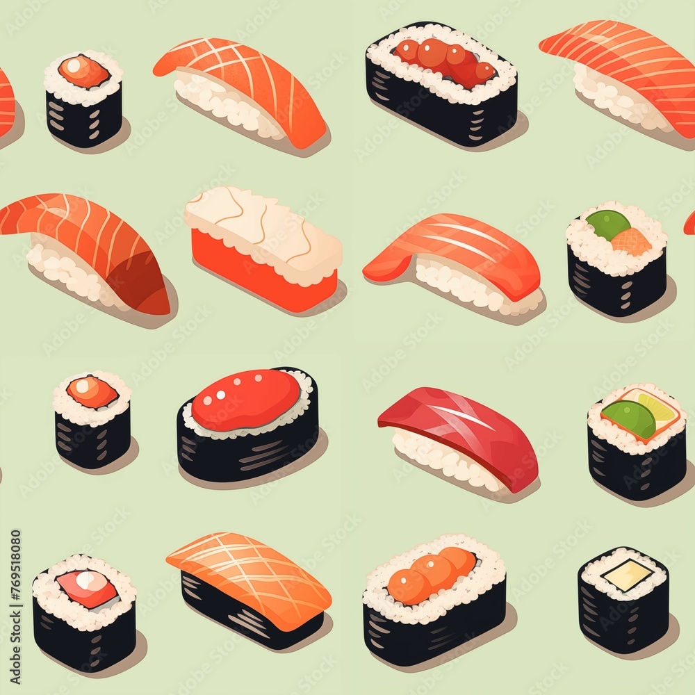 An illustration of a seamless tile pattern with various types of sushi ...