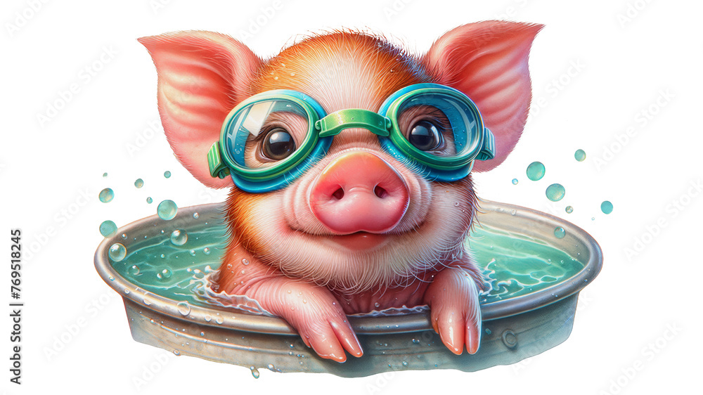Closeup portrait of a piglet in a water basin. Pig in water, wearing ...