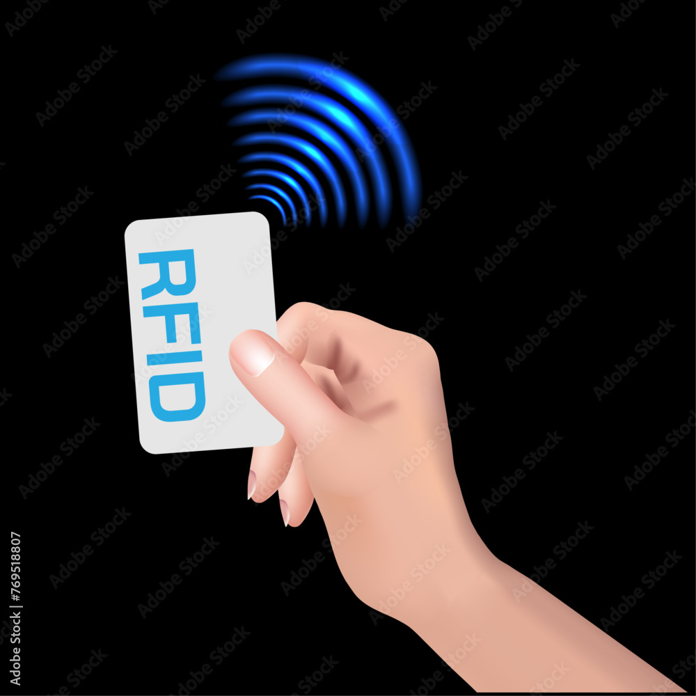 Hands hold an RFID card, swiping and presenting to the RFID reader in ...