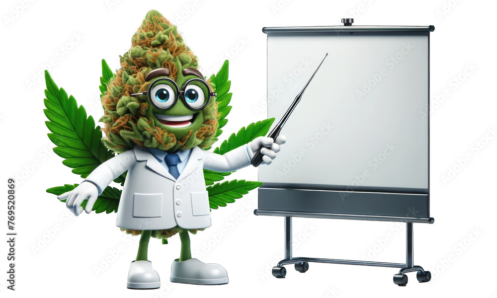 Cannabis cute character scientist or doctor with flipchart and pointer ...