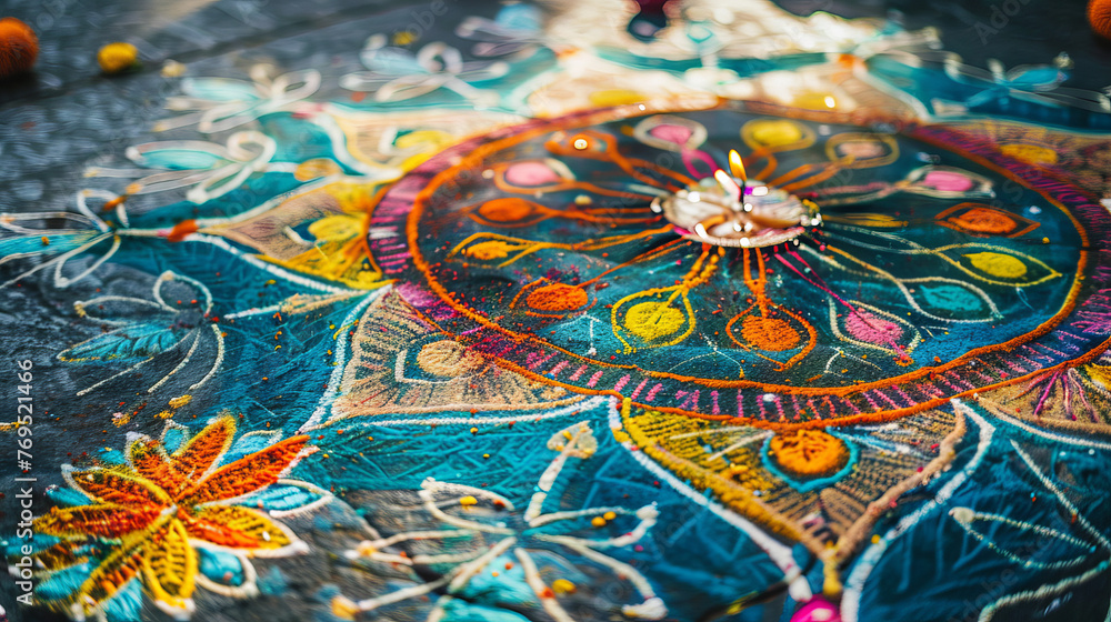 This picture highlights an intricate sand mandala with a diya lamp ...