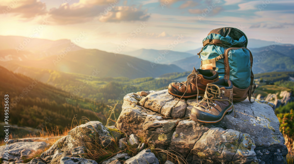 Against the majestic backdrop of towering mountains, hiking shoes and a ...