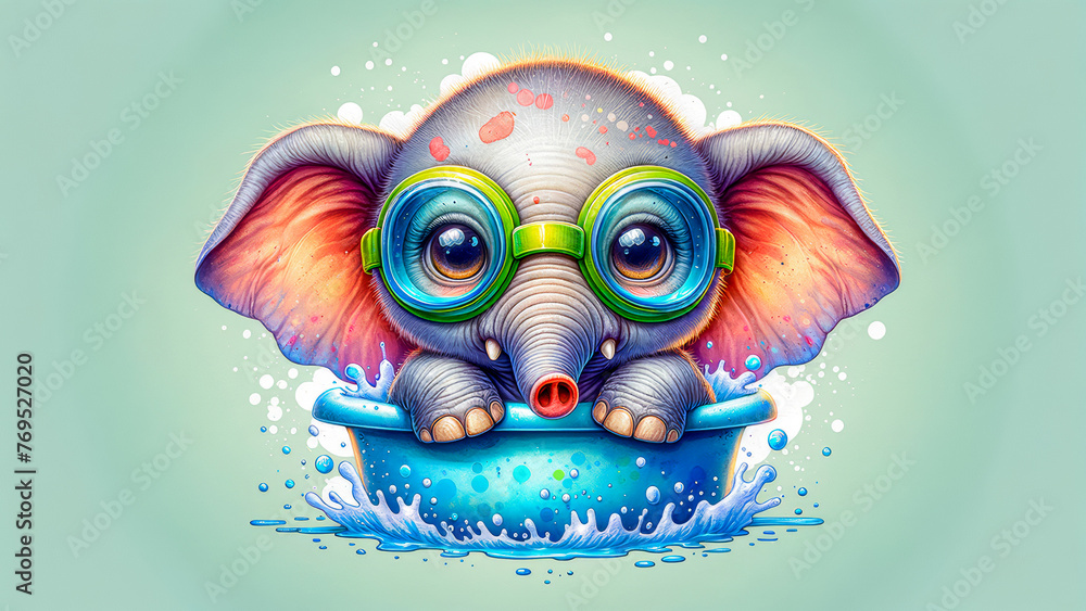 Baby elephant playing in a water basin. Elephant in water, wearing ...