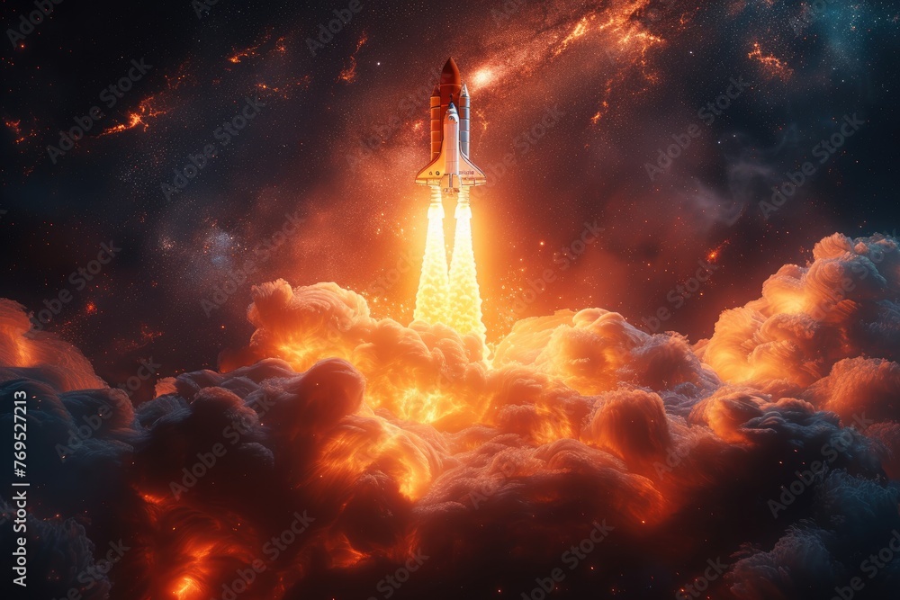Abstract space shuttle launches into orbit. A glowing rocket with smoke ...
