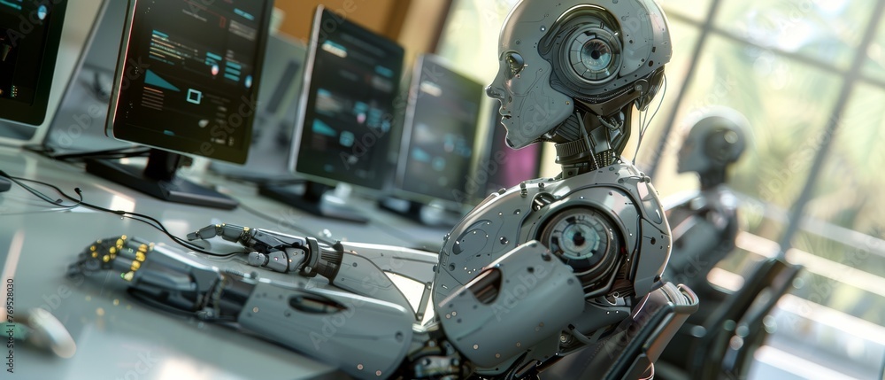 A large number of identical AI robots are working at desks in offices ...