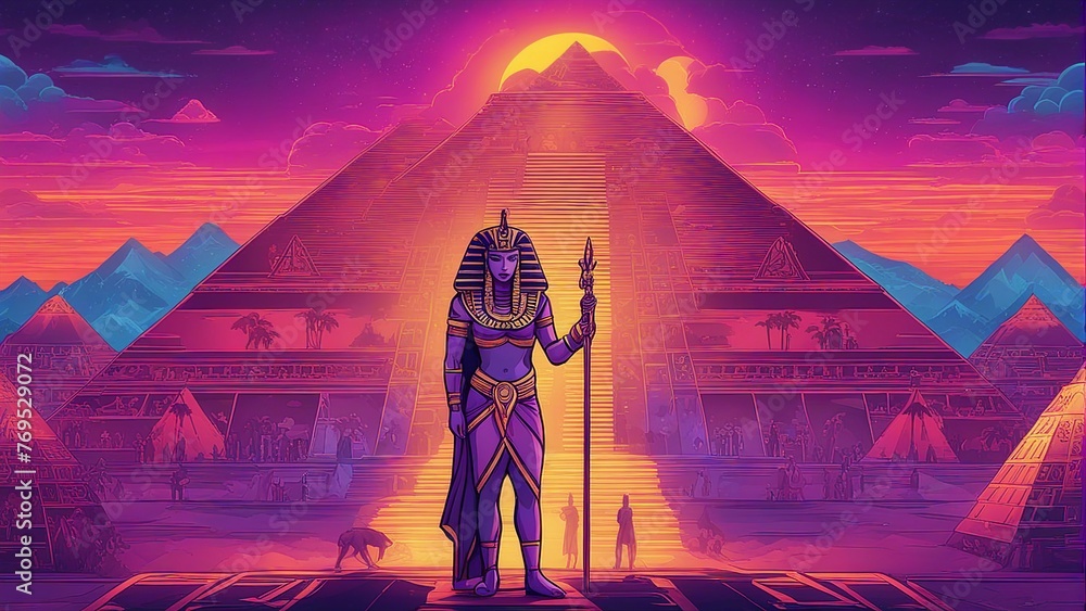Generative AI. Wallpaper, Neon glow Egyptian art. Beautiful pyramids ...
