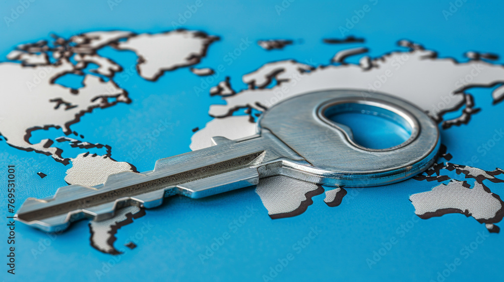 A key is on a map of the world. The key is silver and has a hole in the ...