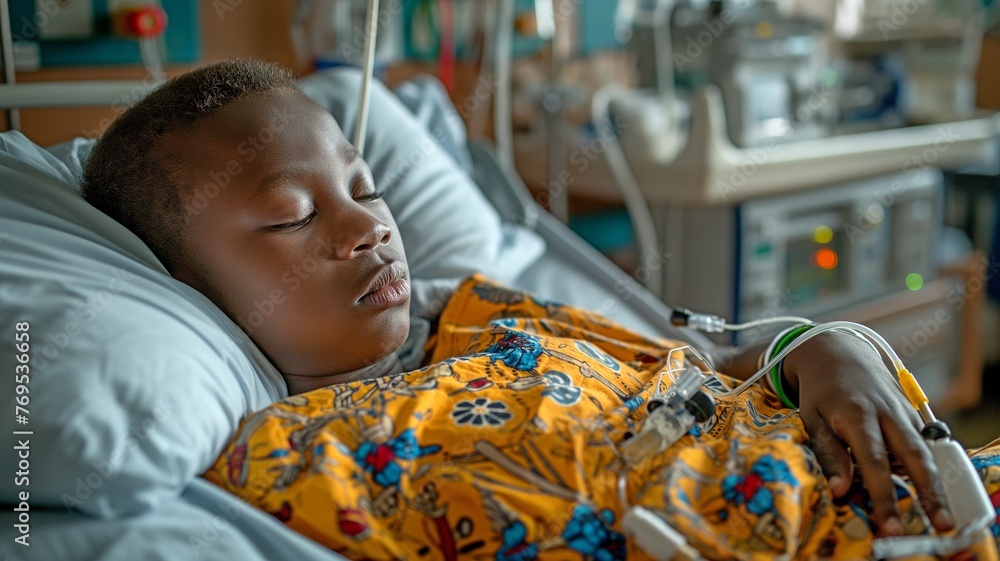 The child is unconscious in the ward. equipped with equipment for both ...