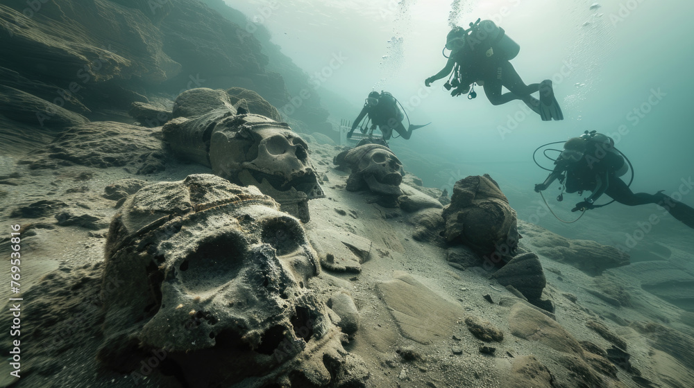 Scubas swim above a collection of big skulls in the ocean depths Stock ...